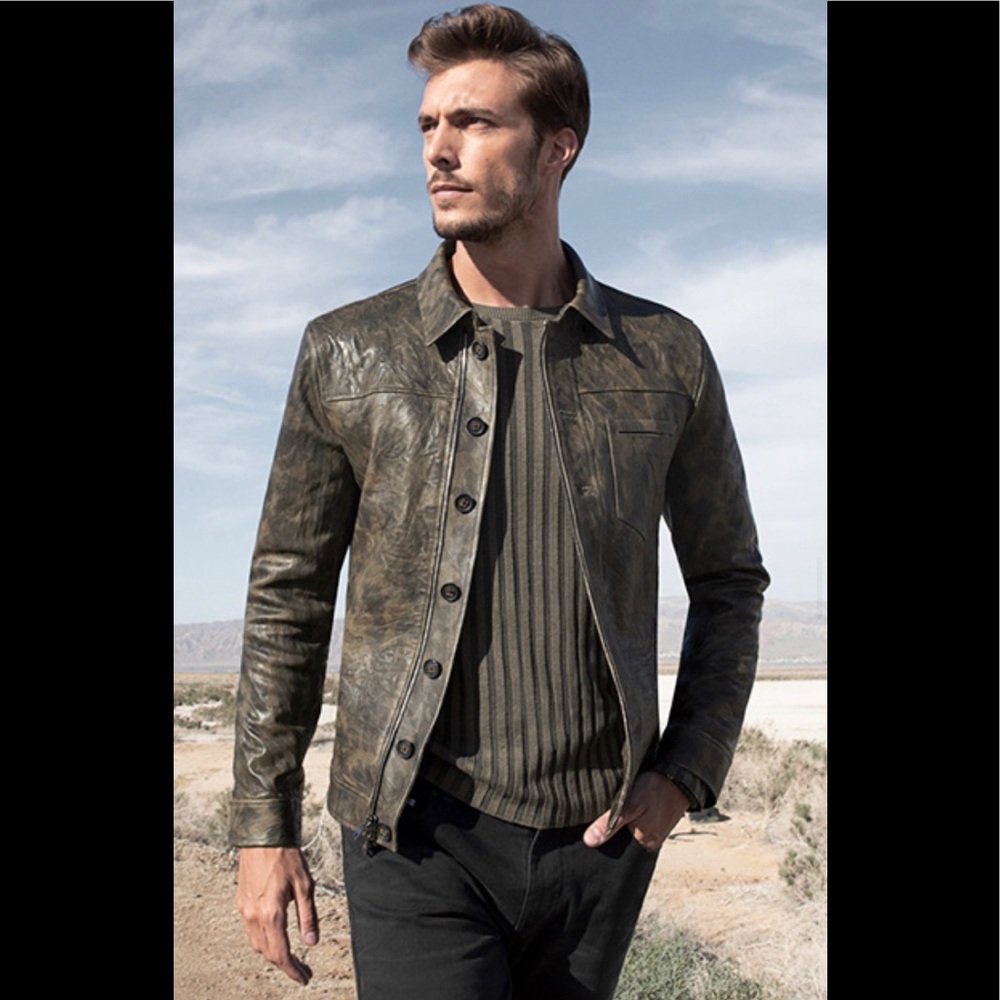 John Varvatos Collection Leather Camo Trucker Jacket.… - Gem